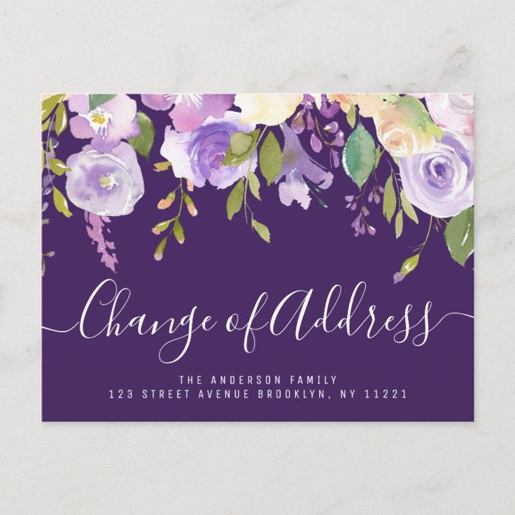 Change of Address script lettering purple moving Postcard | Zazzle