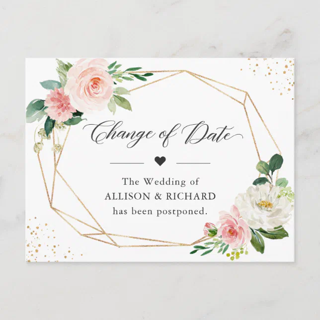 Change of Date Elegant Geometric Blush Pink Floral Postcard | Zazzle