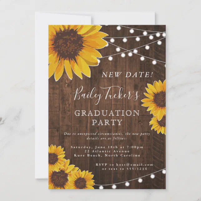 Change of Date Rustic Sunflower Graduation Party Invitation | Zazzle