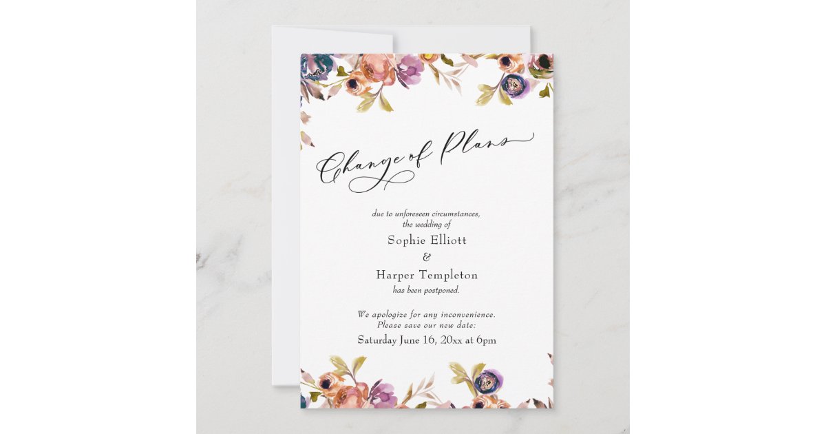 Change of Plans Floral Delayed Wedding Update Card | Zazzle