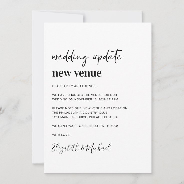 Change of Plans New Venue Wedding Update Announcement | Zazzle