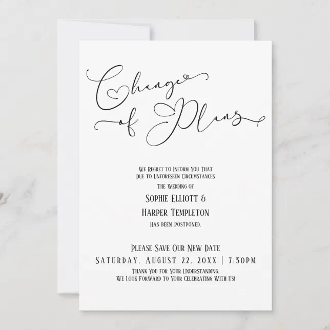 Change of Plans, Simple, Elegant New Wedding Date Invitation | Zazzle