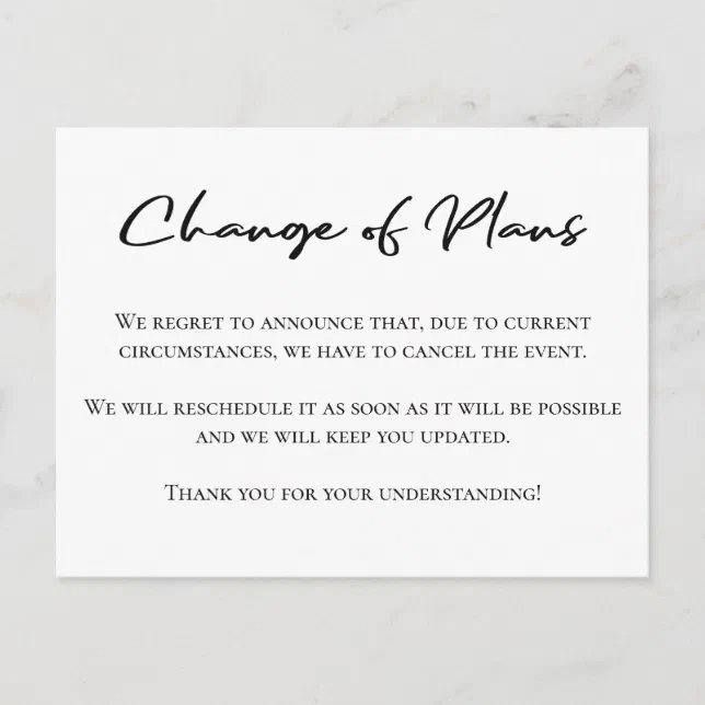 Change of plans simple postponement announcement postcard | Zazzle