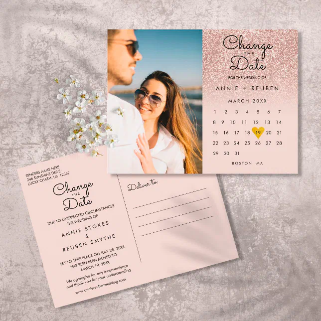 Change the Date Calendar Rose Gold Glitter Photo Postcard | Zazzle