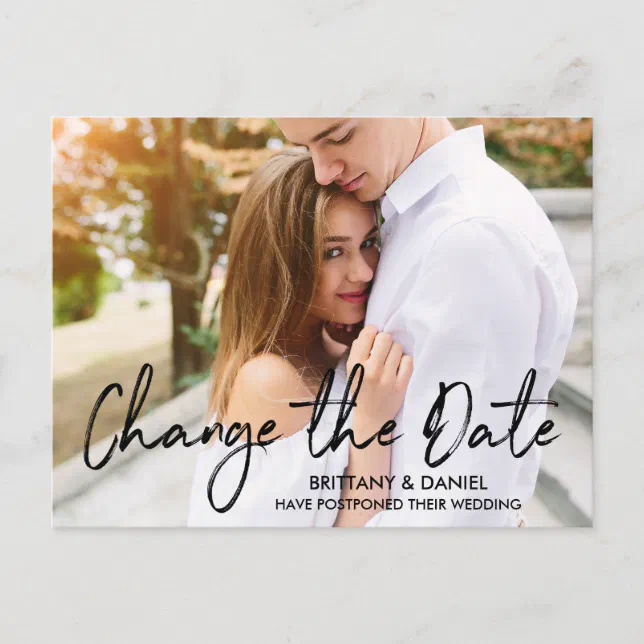 Change The Date Handwritten Brush Script Photo Postcard | Zazzle