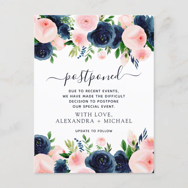 Change the Date Navy Blue Blush Pink Floral Announcement Postcard | Zazzle