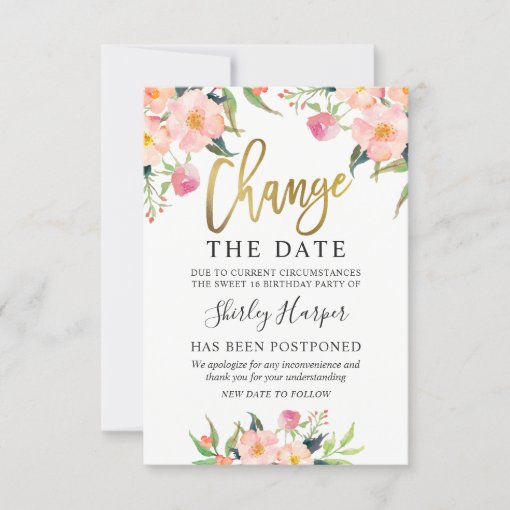Change The Date Pink Floral Gold Script Invitation | Zazzle