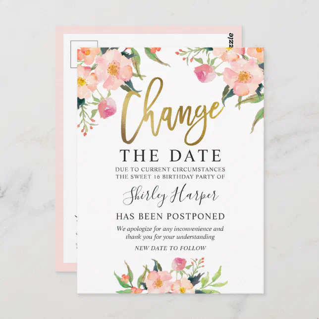 Change The Date Pink Floral Gold Script Postcard | Zazzle
