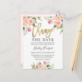 Change The Date Pink Floral Gold Script Postcard | Zazzle