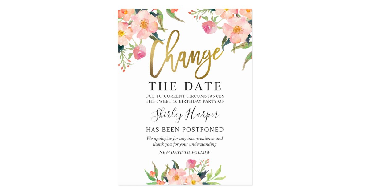 Change The Date Pink Floral Gold Script Postcard | Zazzle.com