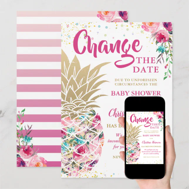 Change The Date Pink Gold Pineapple Baby Shower Invitation | Zazzle
