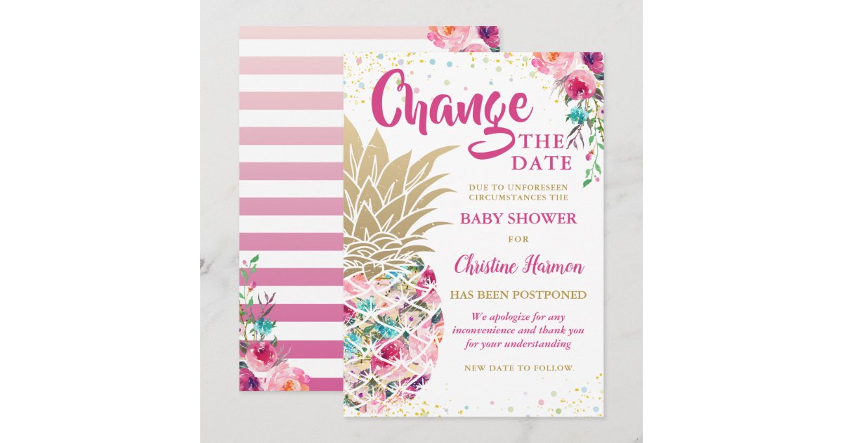 Change The Date Pink Gold Pineapple Baby Shower Invitation | Zazzle