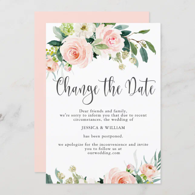 Change the Date Postponed Blush Roses Wedding Invitation | Zazzle