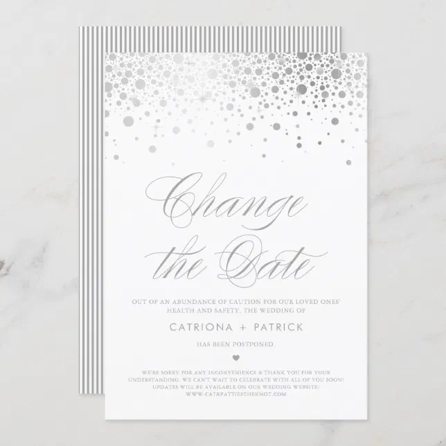 Change the Date Silver Foil Confetti Postponed Invitation | Zazzle