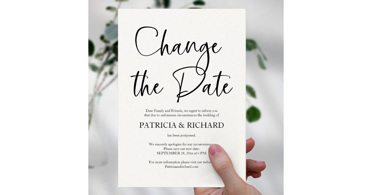 Change The Date Simple Wedding Postponed Invitation | Zazzle