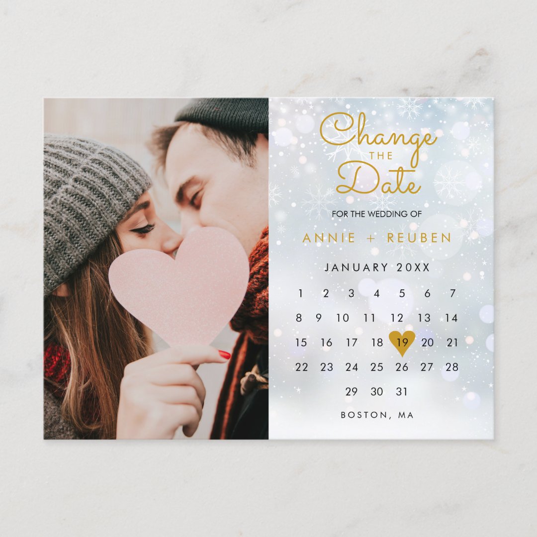 Change the Date Update Calendar Photo Winter Announcement Postcard | Zazzle