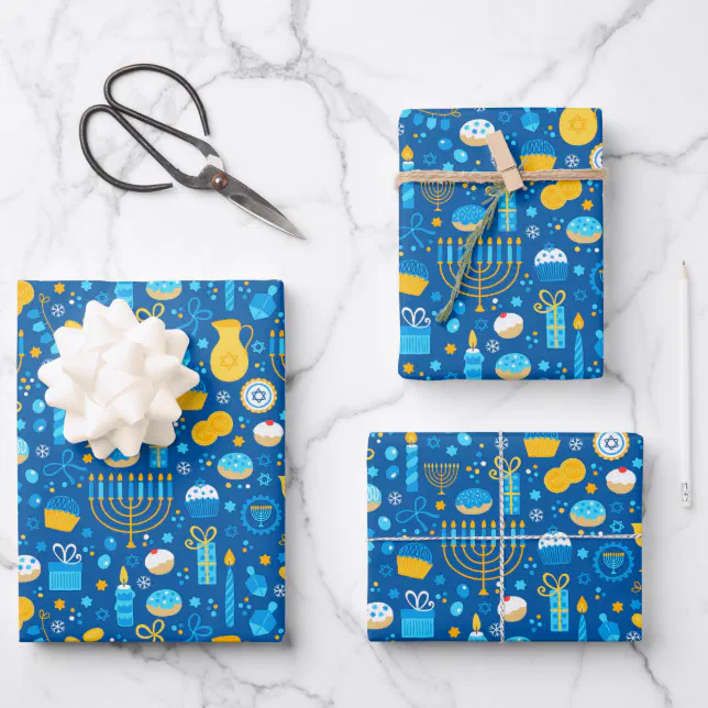 Chanukah Celebrating Gelt Jewish Stars Snowflakes Wrapping Paper Sheets ...
