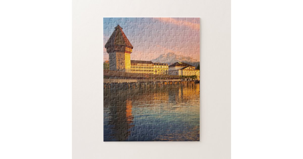 Chapel Bridge, Lucerne at dusk puzzle | Zazzle