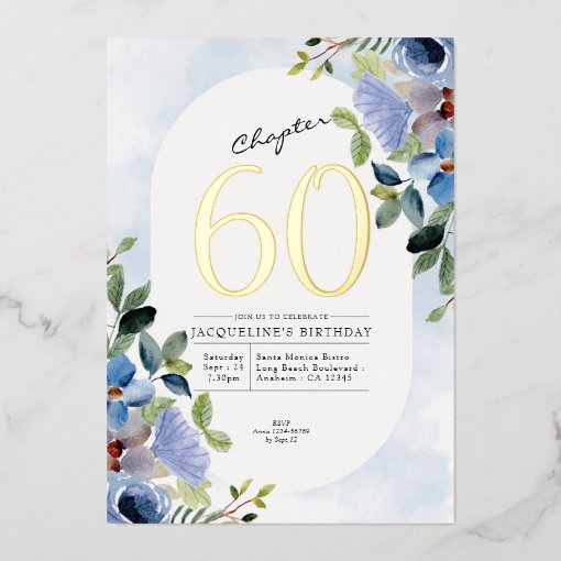 Chapter 60 Blue Floral 60th Birthday Gold Foil Invitation | Zazzle