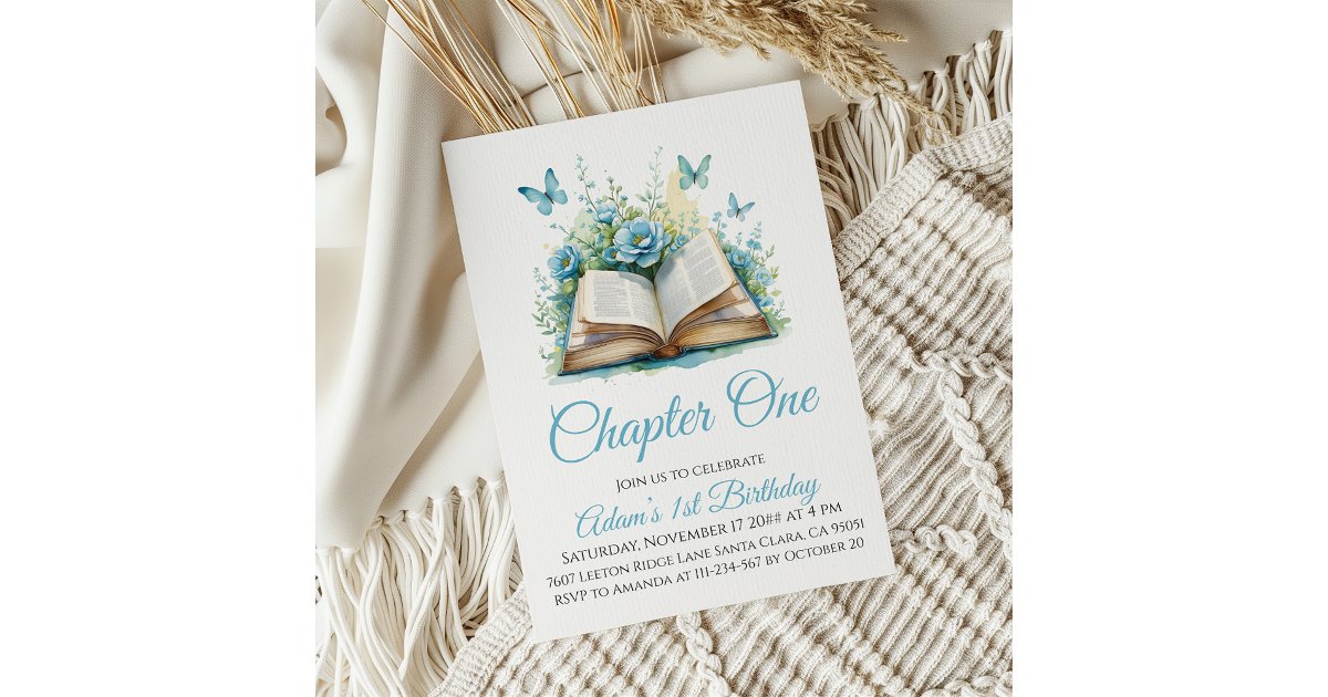 Chapter One Blue Book Boy 1st Birthday Invitation | Zazzle