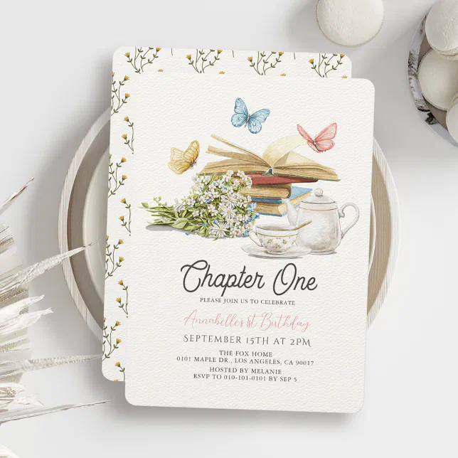 Chapter One Tea Butterfly Storybook 1st Birthday Invitation | Zazzle