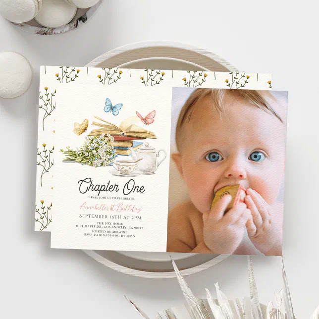 Chapter One Tea Storybook 1st Birthday Photo Invitation | Zazzle