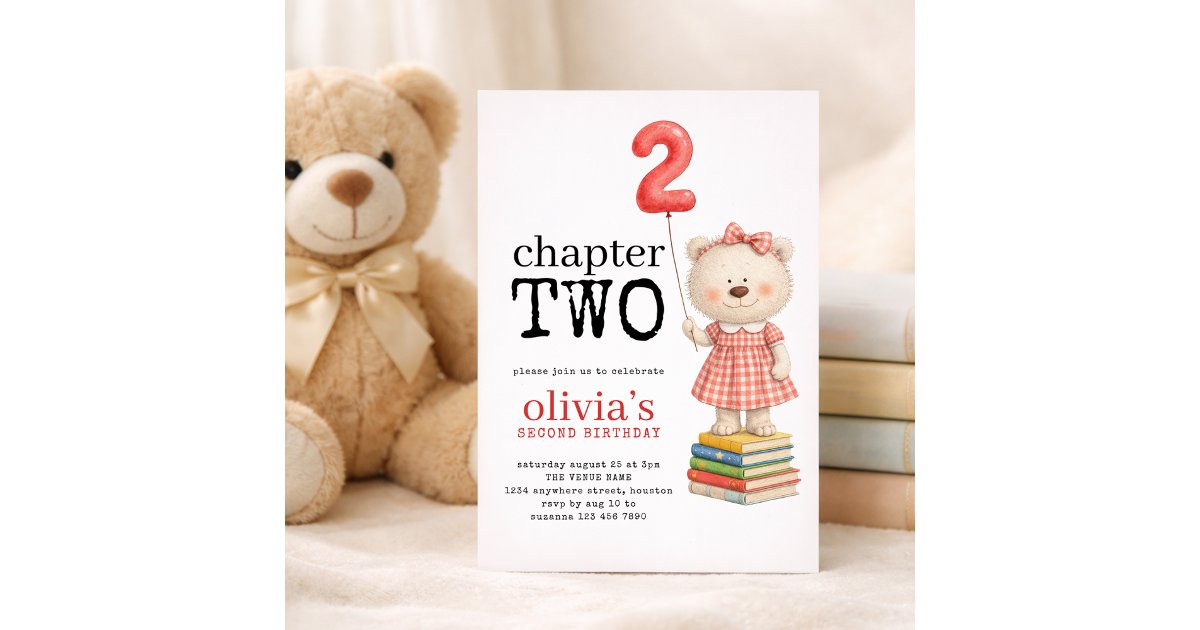 Chapter Two Teddy Bear Books Girl 2nd Birthday Red Invitation | Zazzle