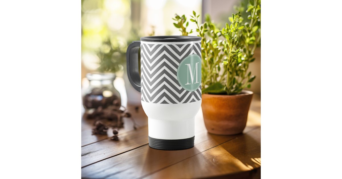 Charcoal and Mint Green Chevrons Custom Monogram Travel Mug | Zazzle