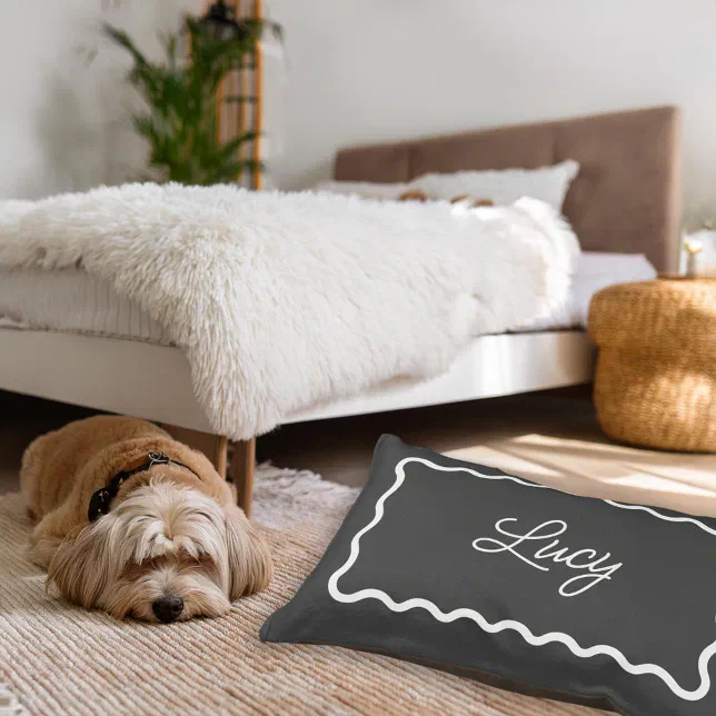 Charcoal Gray Wavy Scallop Frame Monogram Pet Bed | Zazzle