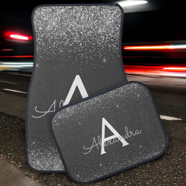 Charcoal Grey Silver Glitter Sparkle Monogram Car Floor Mat | Zazzle