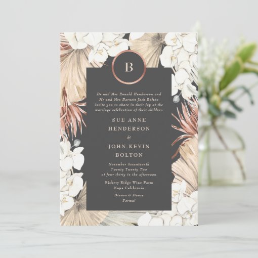 Charcoal Pampas Cream Rose Gold Foil Wedding Invitation | Zazzle