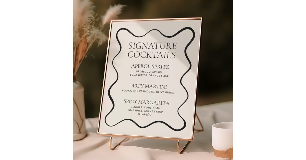 Charcoal Wavy Border Cocktail Menu Poster | Zazzle