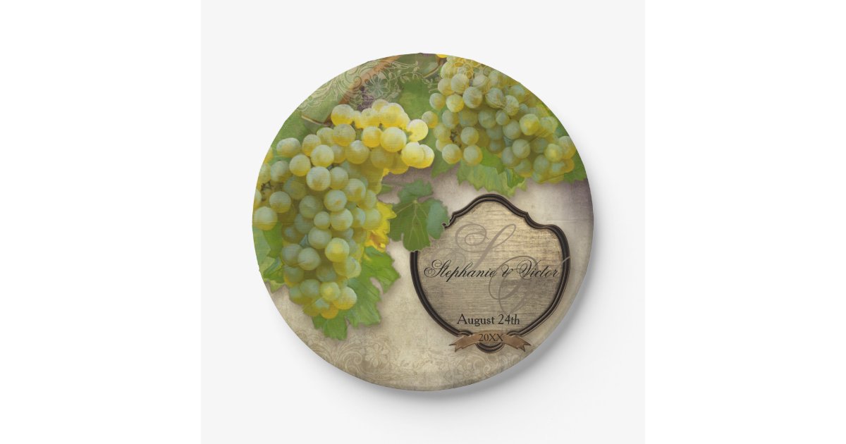 Chardonnay Grapes Vineyard Sign Vintage Wedding Paper Plates | Zazzle
