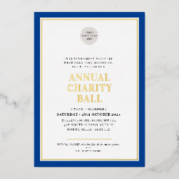 CHARITY BALL modern elegant logo royal blue gold Foil Invitation | Zazzle