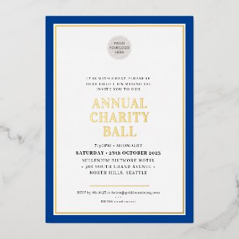 CHARITY BALL modern elegant logo royal blue gold Foil Invitation | Zazzle