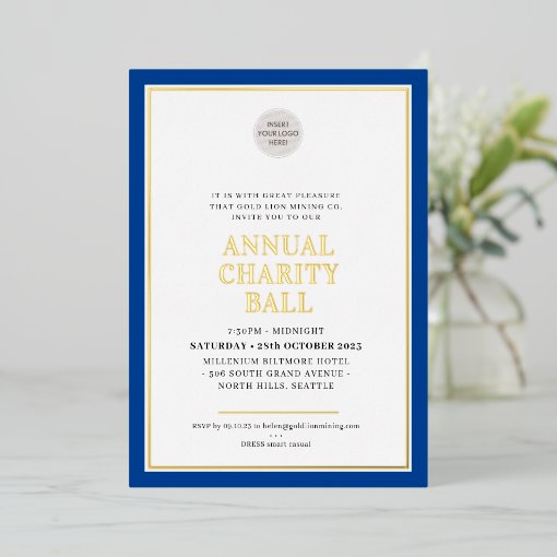 CHARITY BALL modern elegant logo royal blue gold Foil Invitation | Zazzle