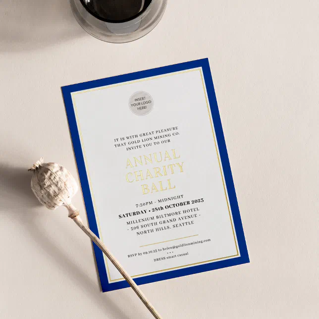 CHARITY BALL modern elegant logo royal blue gold Foil Invitation | Zazzle