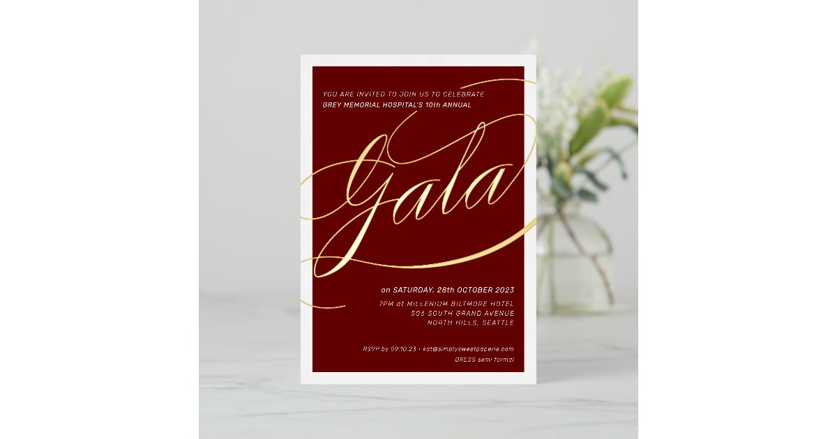 CHARITY GALA elegant calligraphy burgundy red gold Foil Invitation | Zazzle