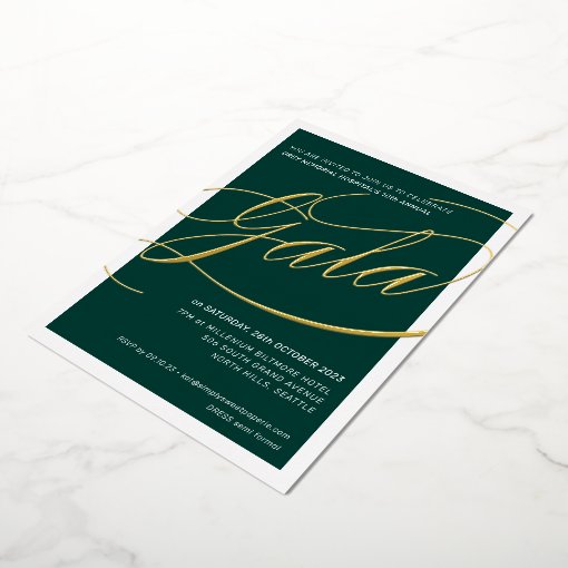 CHARITY GALA elegant calligraphy dark green gold Foil Invitation | Zazzle