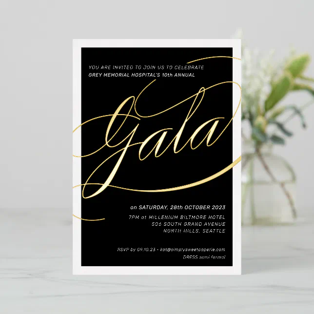 CHARITY GALA elegant formal calligraphy black gold Foil Invitation | Zazzle