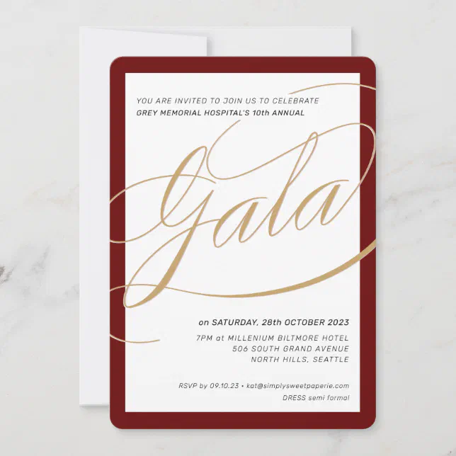 CHARITY GALA elegant formal calligraphy maroon Invitation | Zazzle