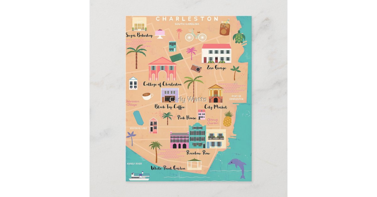 Charleston Illustrated Map Postcard | Zazzle