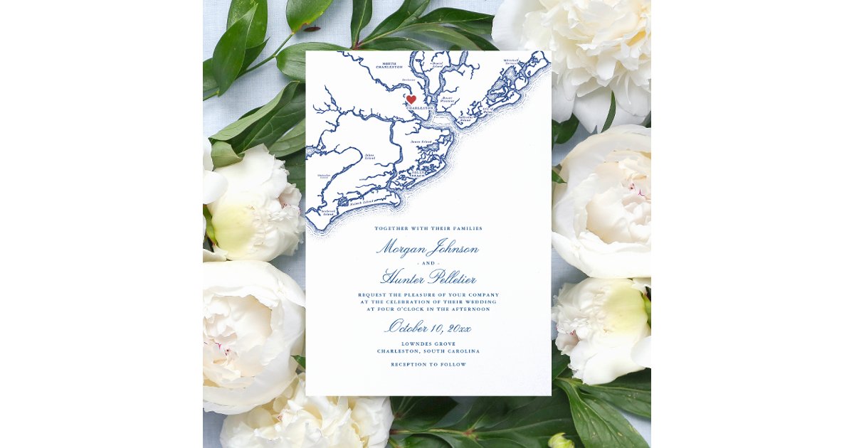 Charleston SC Map Elegant Navy Blue Wedding Invitation | Zazzle