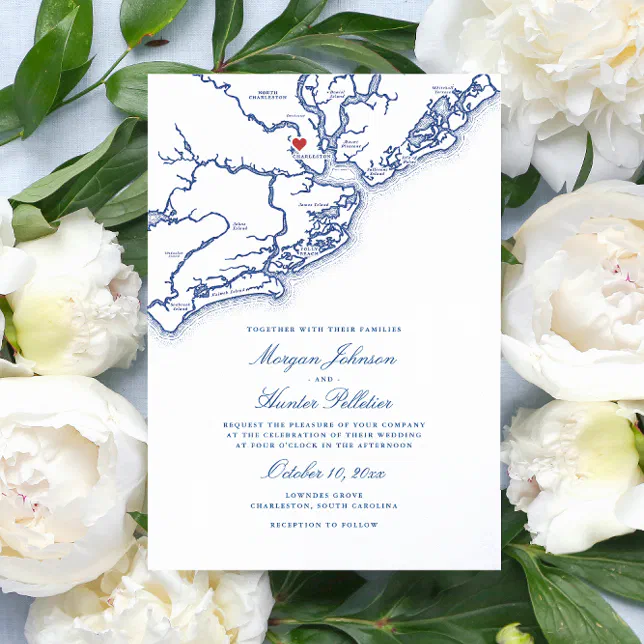 Charleston SC Map Elegant Navy Blue Wedding Invitation | Zazzle