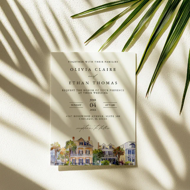 Charleston SC Rainbow Row Watercolor Wedding Invitation | Zazzle