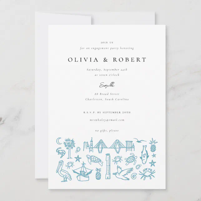 Charleston Toile Border in Blue Engagement Party Invitation | Zazzle