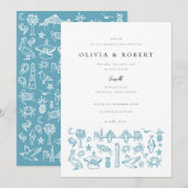 Charleston Toile Border in Blue Engagement Party Invitation | Zazzle
