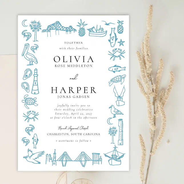 Charleston Toile Border in Blue Wedding Invitation | Zazzle