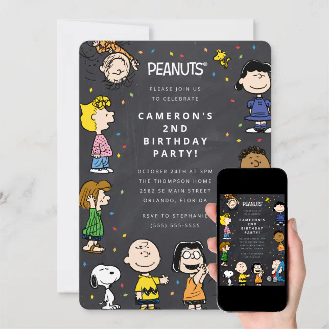 Charlie Brown & Gang Chalkboard Confetti Birthday Invitation | Zazzle