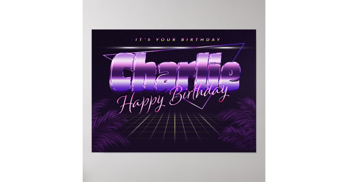 Charlie First Name Purple Retro Poster Birthday | Zazzle